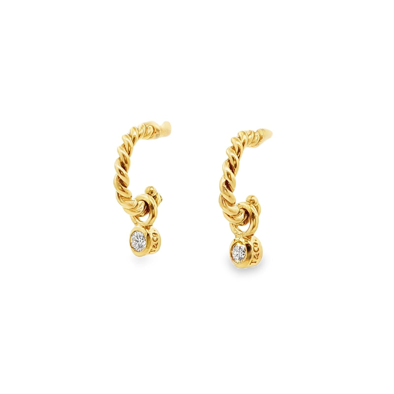 Tiffany & Co. 18 Karat Yellow Gold Cable Hoop Diamond Drop Modern Earr